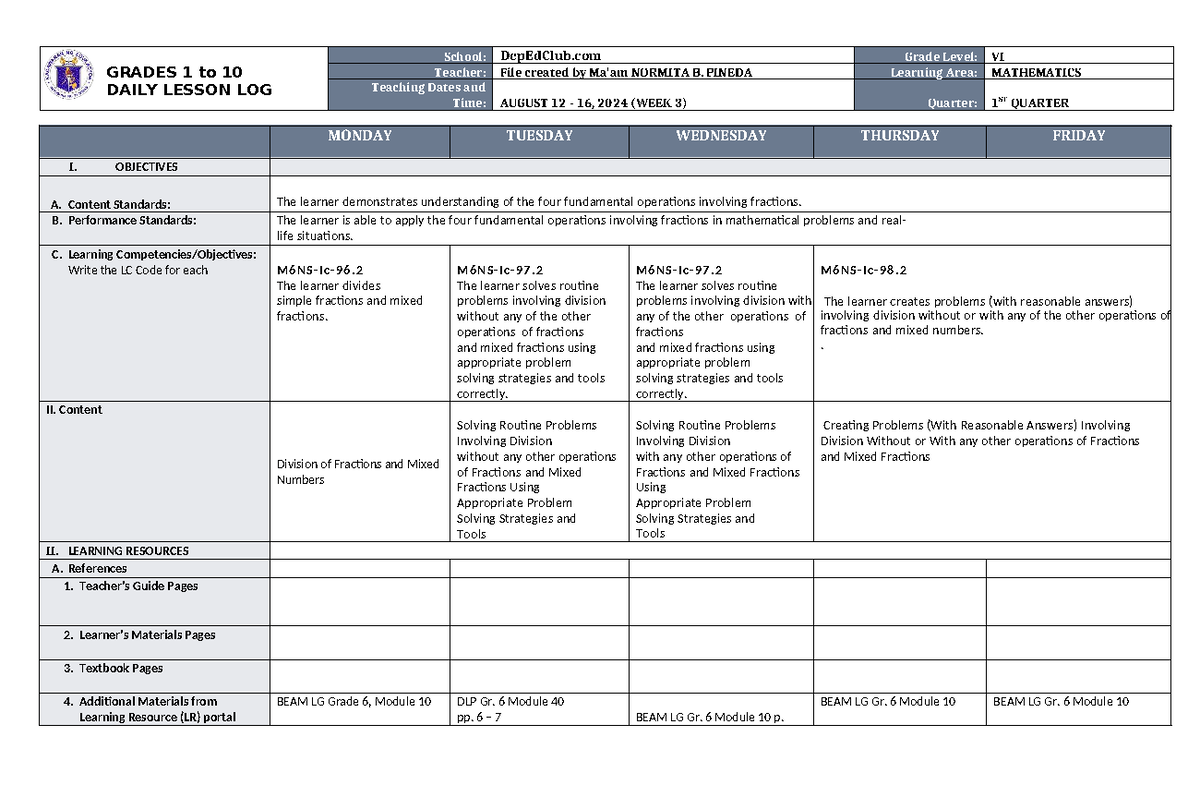 DLL Mathematics 6 Q1 W3: Daily Lesson Log on Dividing Fractions - Studocu