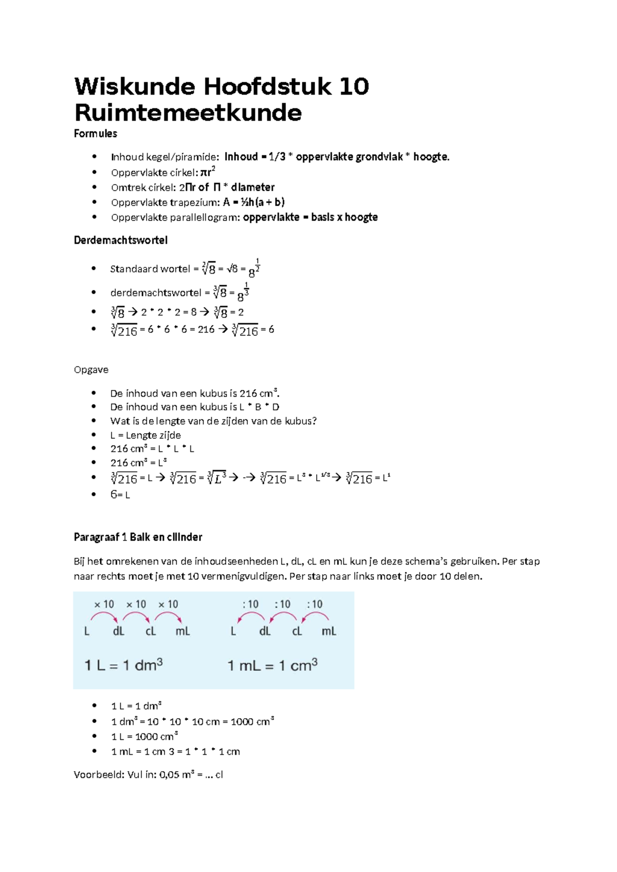 Wiskunde Hoofdstuk 10: Ruimtemeetkunde Formules en Opgaven - Studeersnel