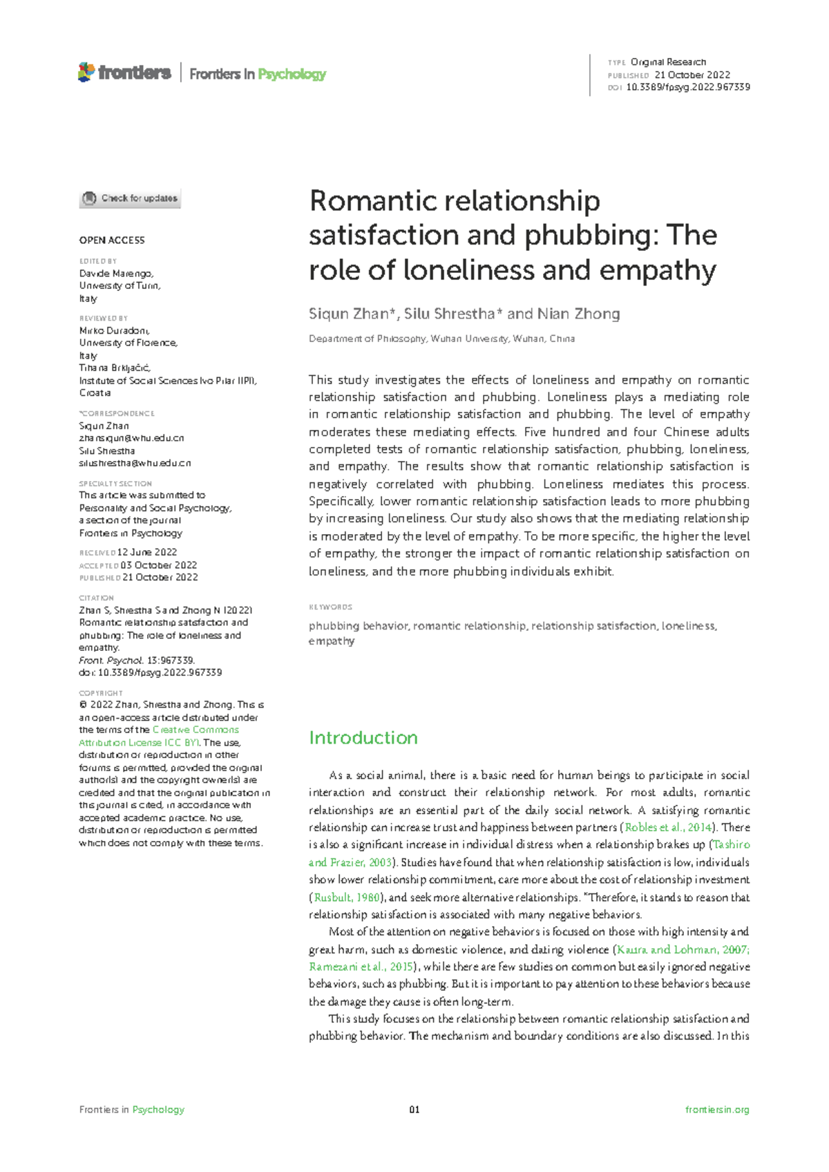 Romantic Relationship Satisfaction and Phubbing: Loneliness & Empathy ...