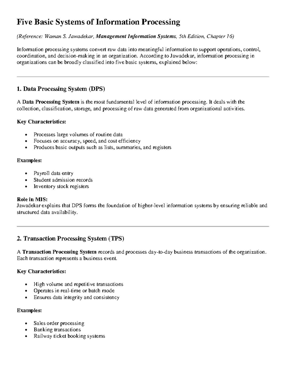 MIS Module V: Information Processing Systems Overview (Jawadekar, Ch ...