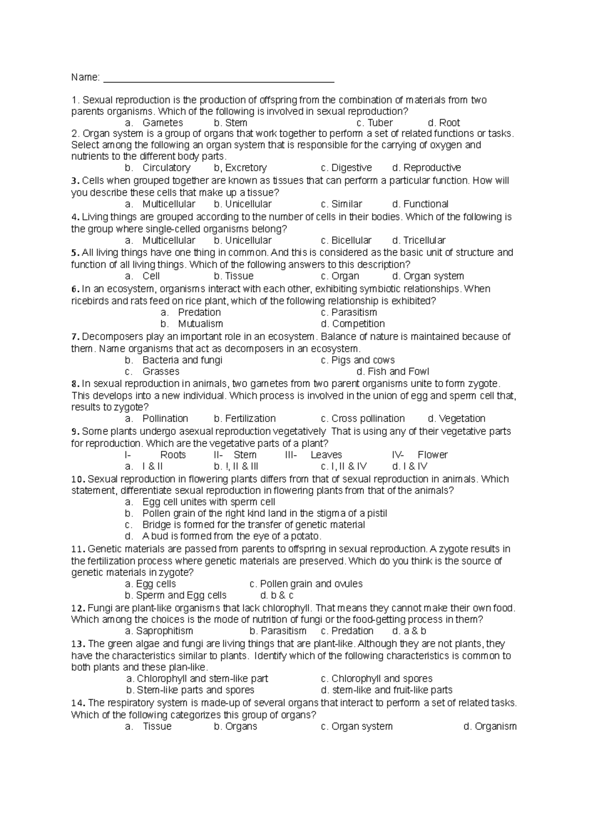 Science Quiz - Understanding Sexual Reproduction and Ecosystems - Studocu