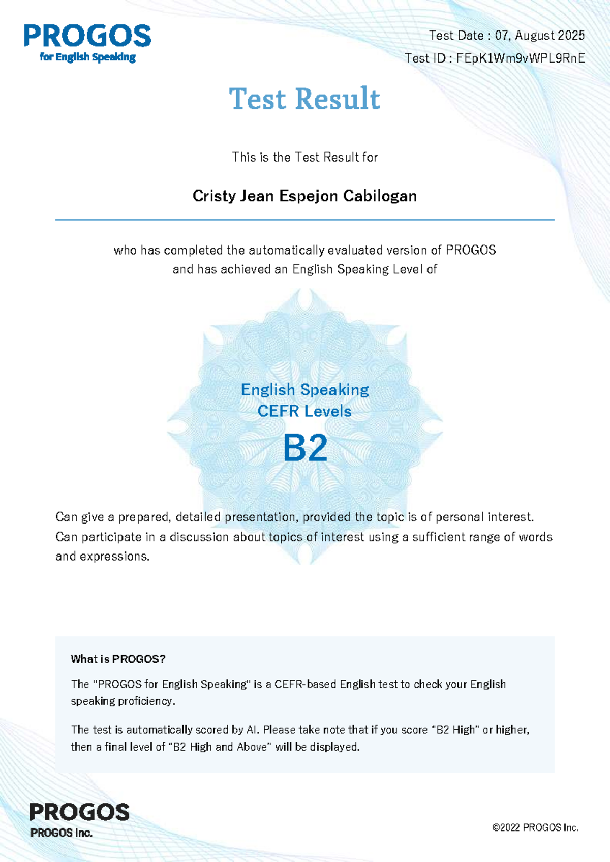CEFR Certificate - English Proficiency Test Result for Cristy Cabilogan ...
