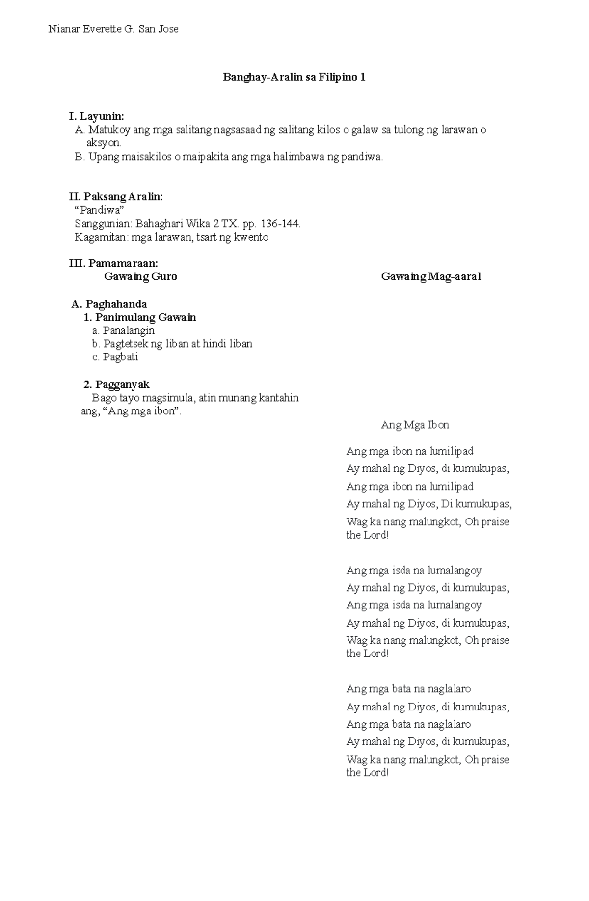 Pandiwa-lesson-plan edited - Banghay-Aralin sa Filipino 1 I. Layunin: A ...