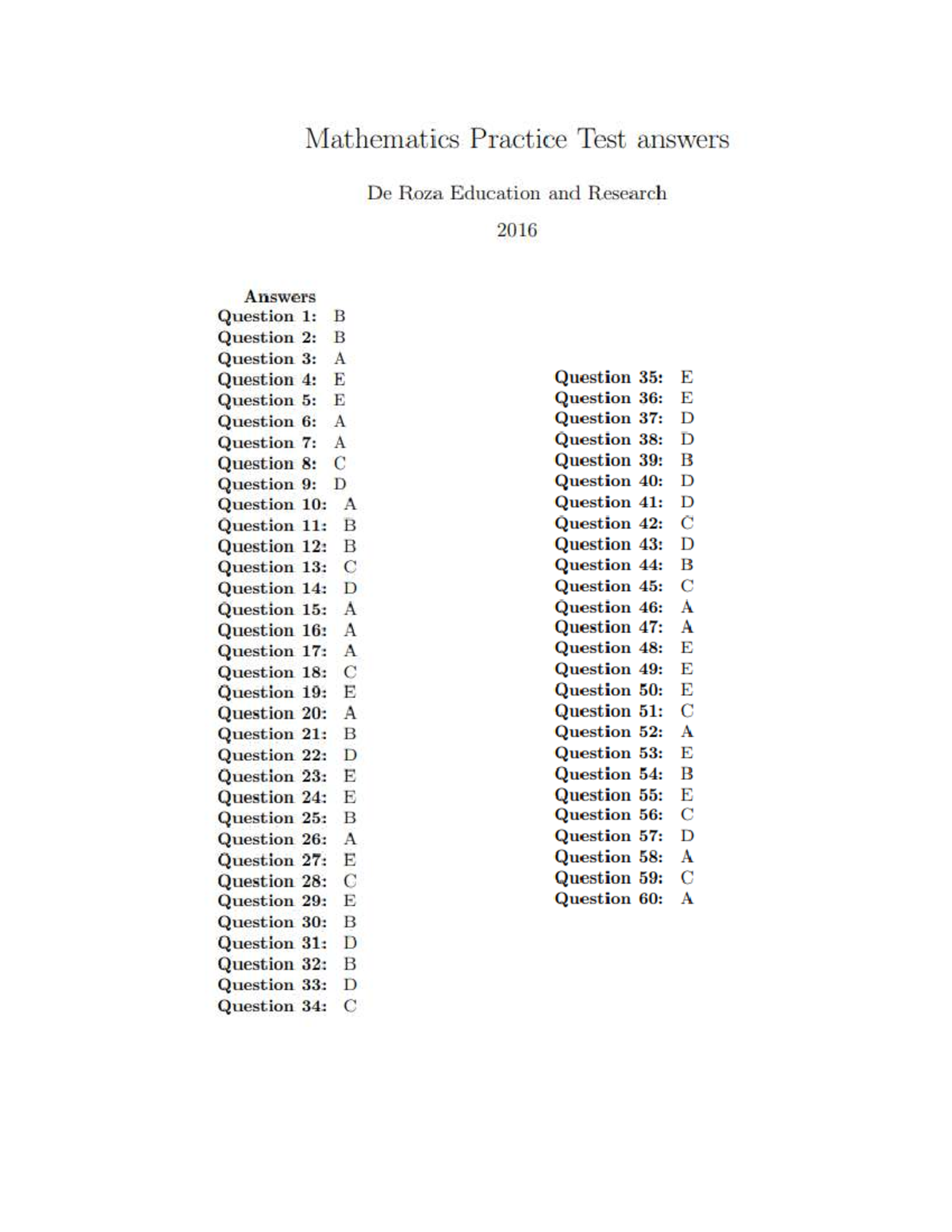 De Roza Math Practice Test Answers 2016 - Studocu