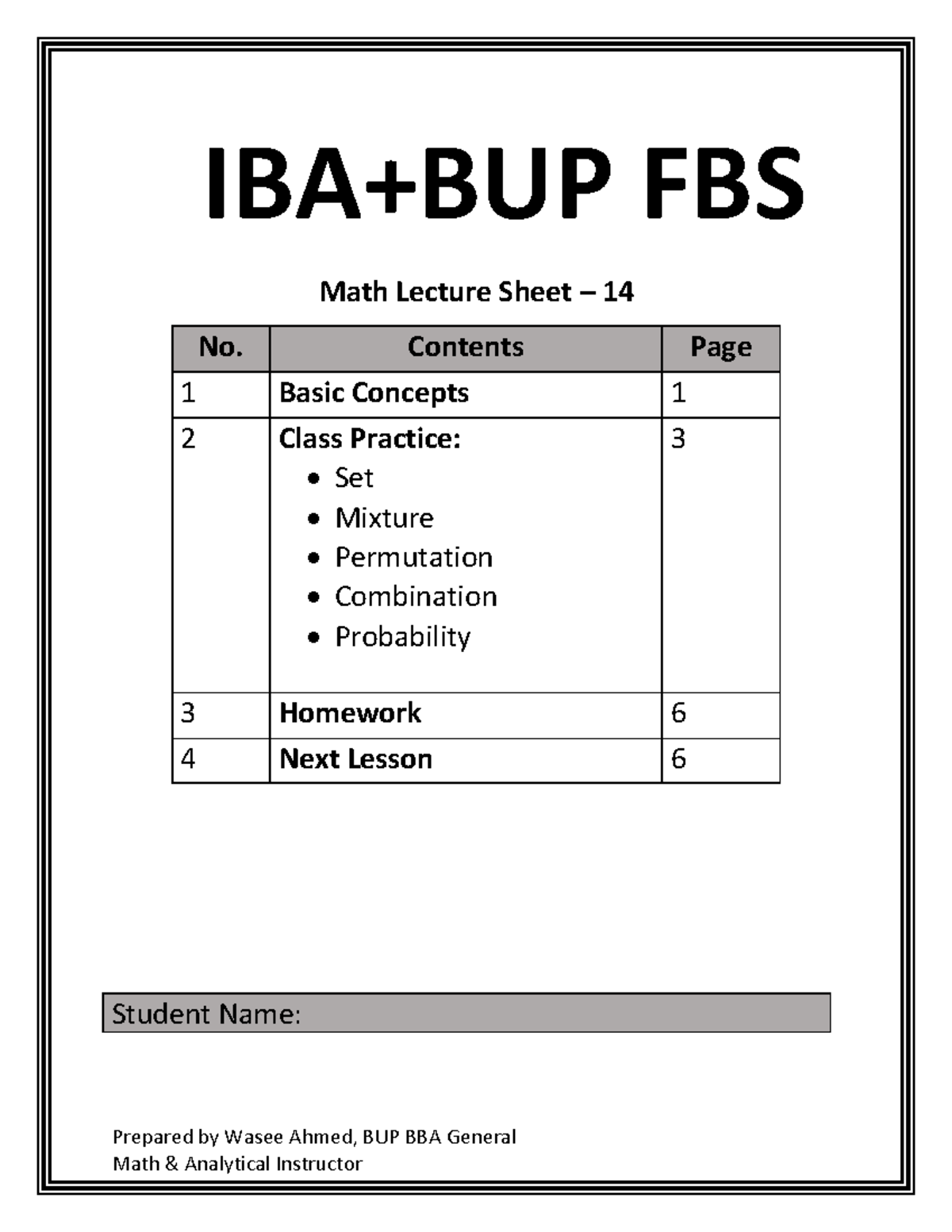 Lecture Sheet 14 - Prepared by Wasee Ahmed, BUP BBA General IBA+BUP FBS ...