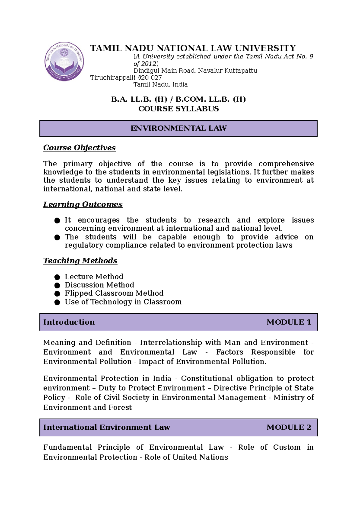 Environmental Law Syllabus for B.A. LL.B. (H) / B.COM. LL.B. (H) Course ...