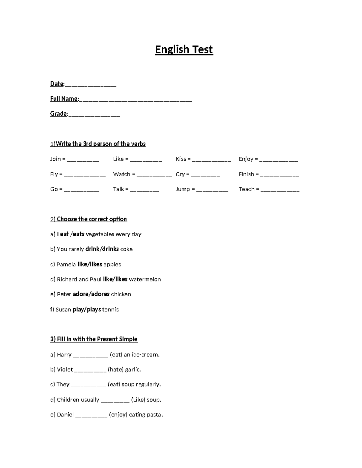 2 nd English Test - Examen present simple - English Test Date ...