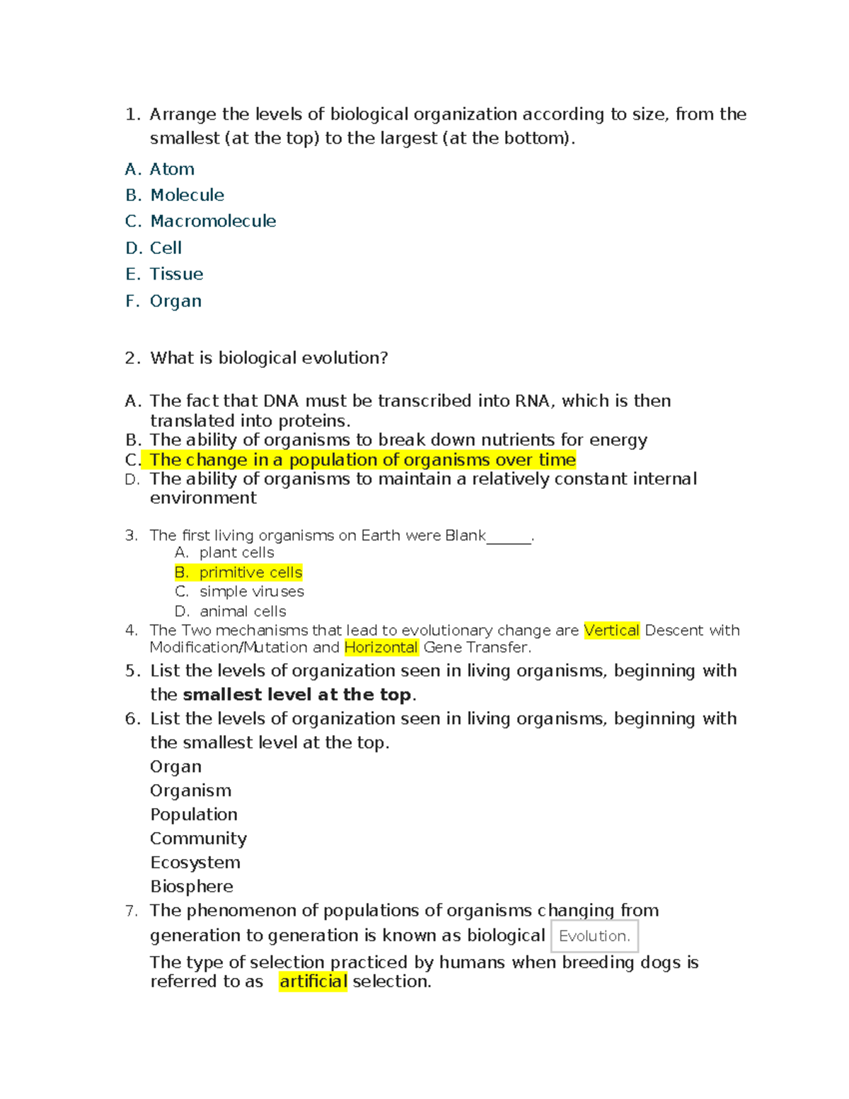 BIO- Chapters 1-2: Biological Organization & Evolution Concepts - Studocu
