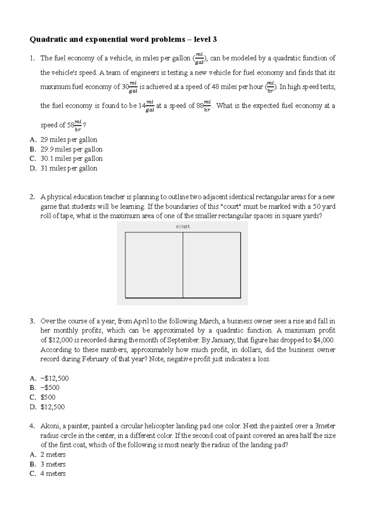 Quadratic and Exponential Word Problems - Level 3 𝑚𝑖 1 - Studocu