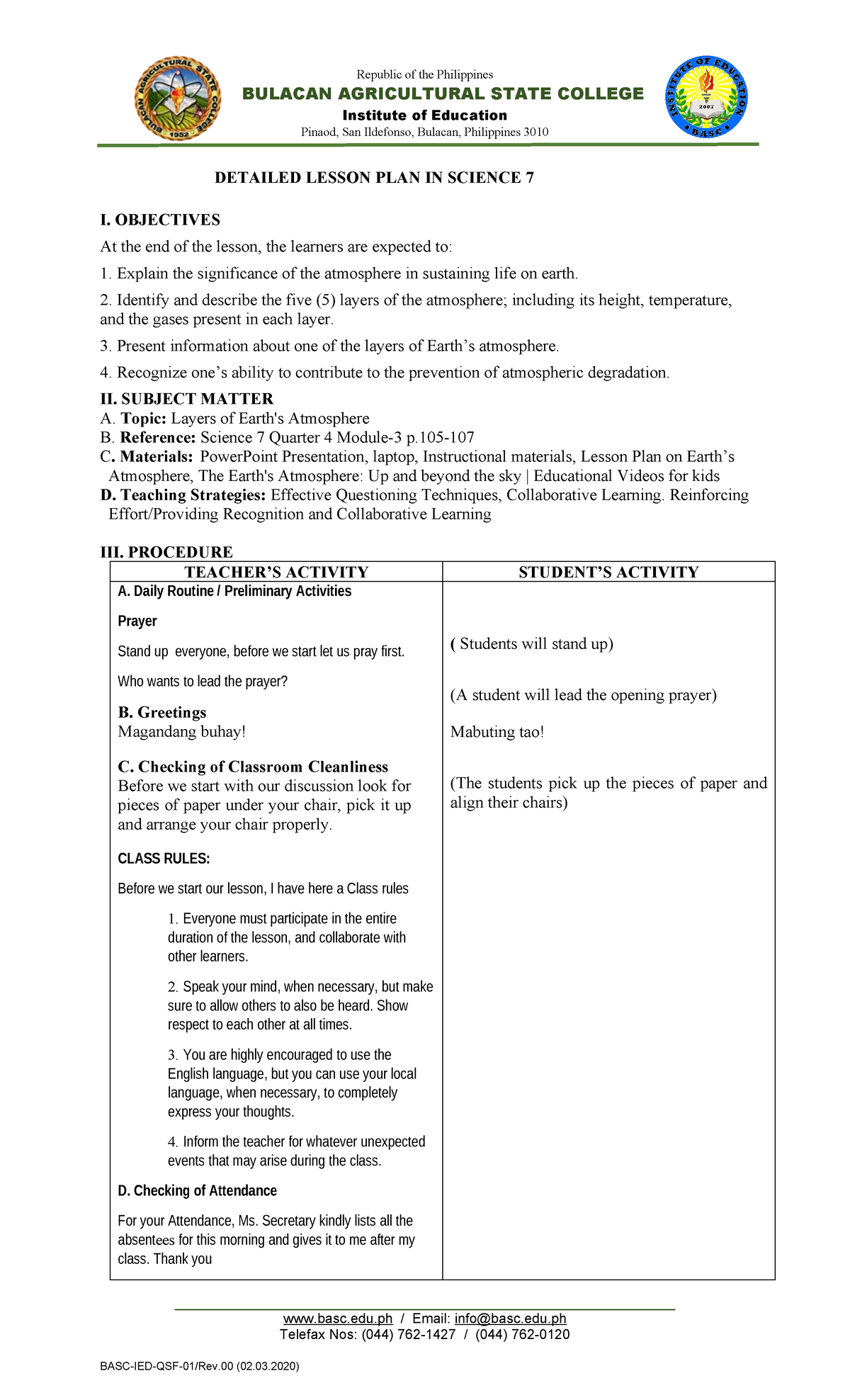 Detailed Lesson Plan in Science 7: Exploring Earth's Atmosphere Layers ...