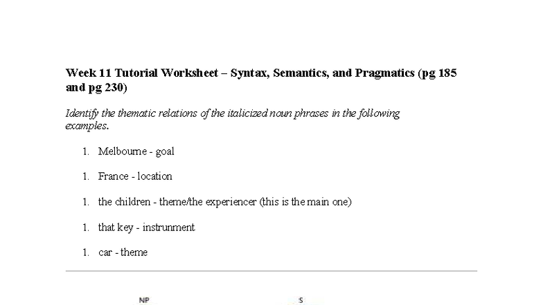 Week 11 Tutorial Worksheet: Thematic Relations & Phrase Structure - Studocu