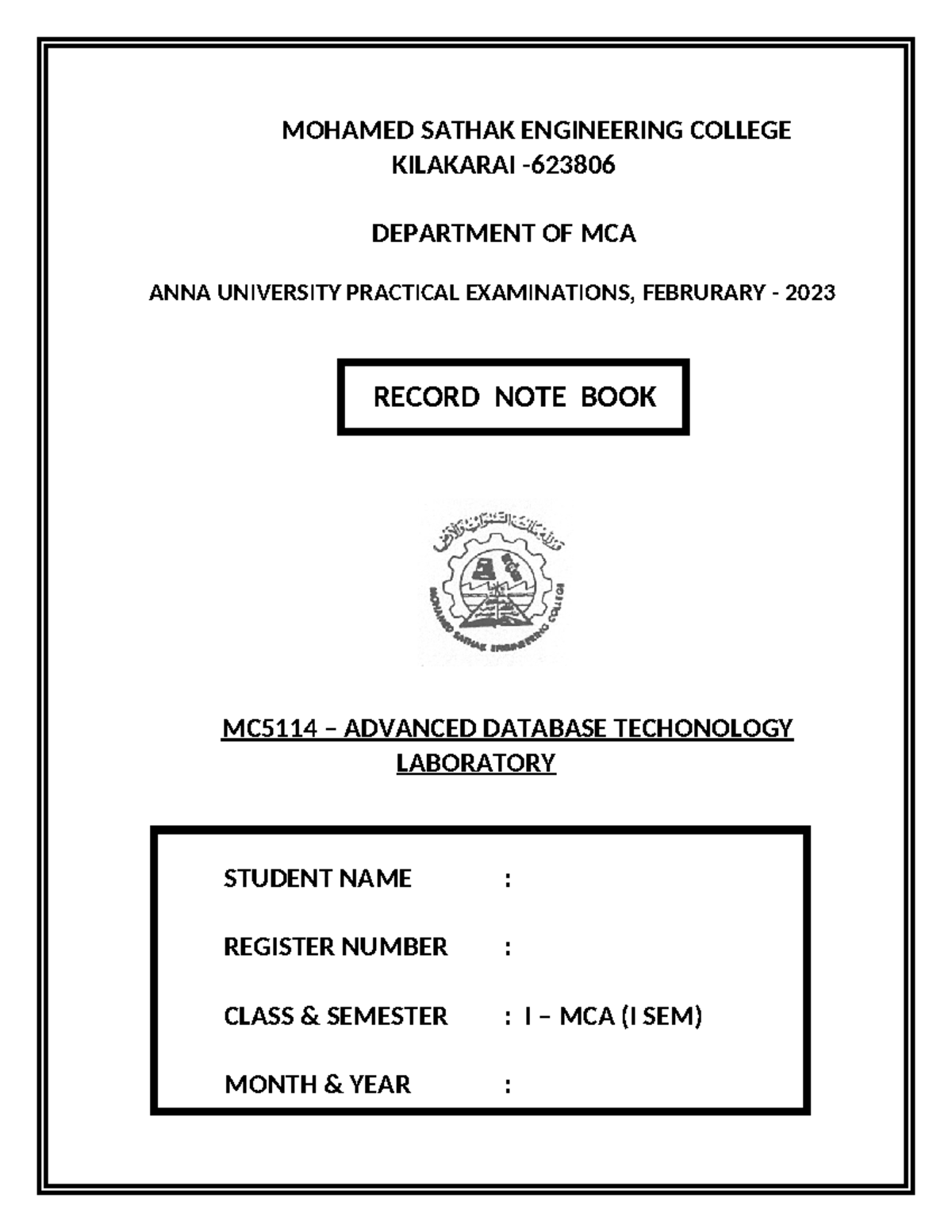 MC5114 - Advanced Database Technology Lab Record Notebook - Studocu