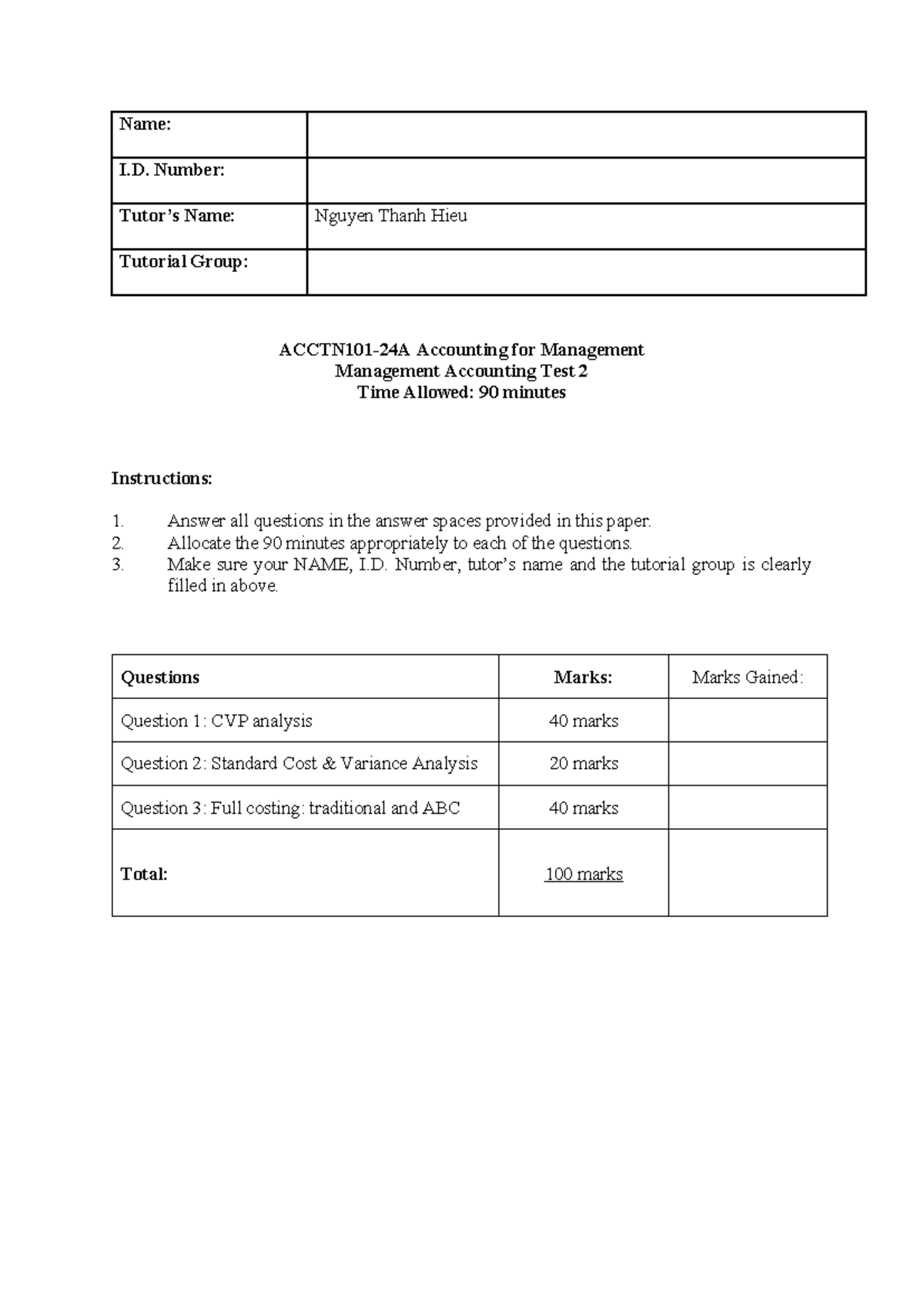 2024NEU Management Accounting Test 2: CVP & Costing Analysis - Studocu