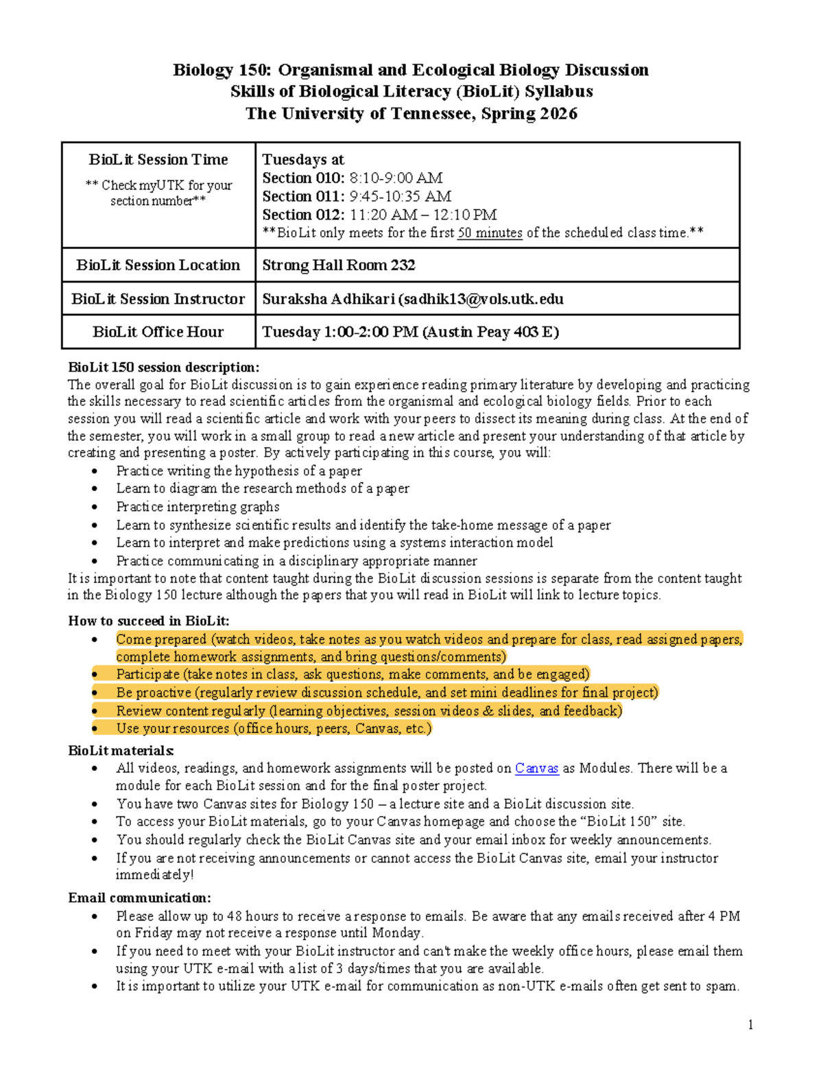 Biology 150: Spring 2026 BioLit Discussion Skills Syllabus - Studocu