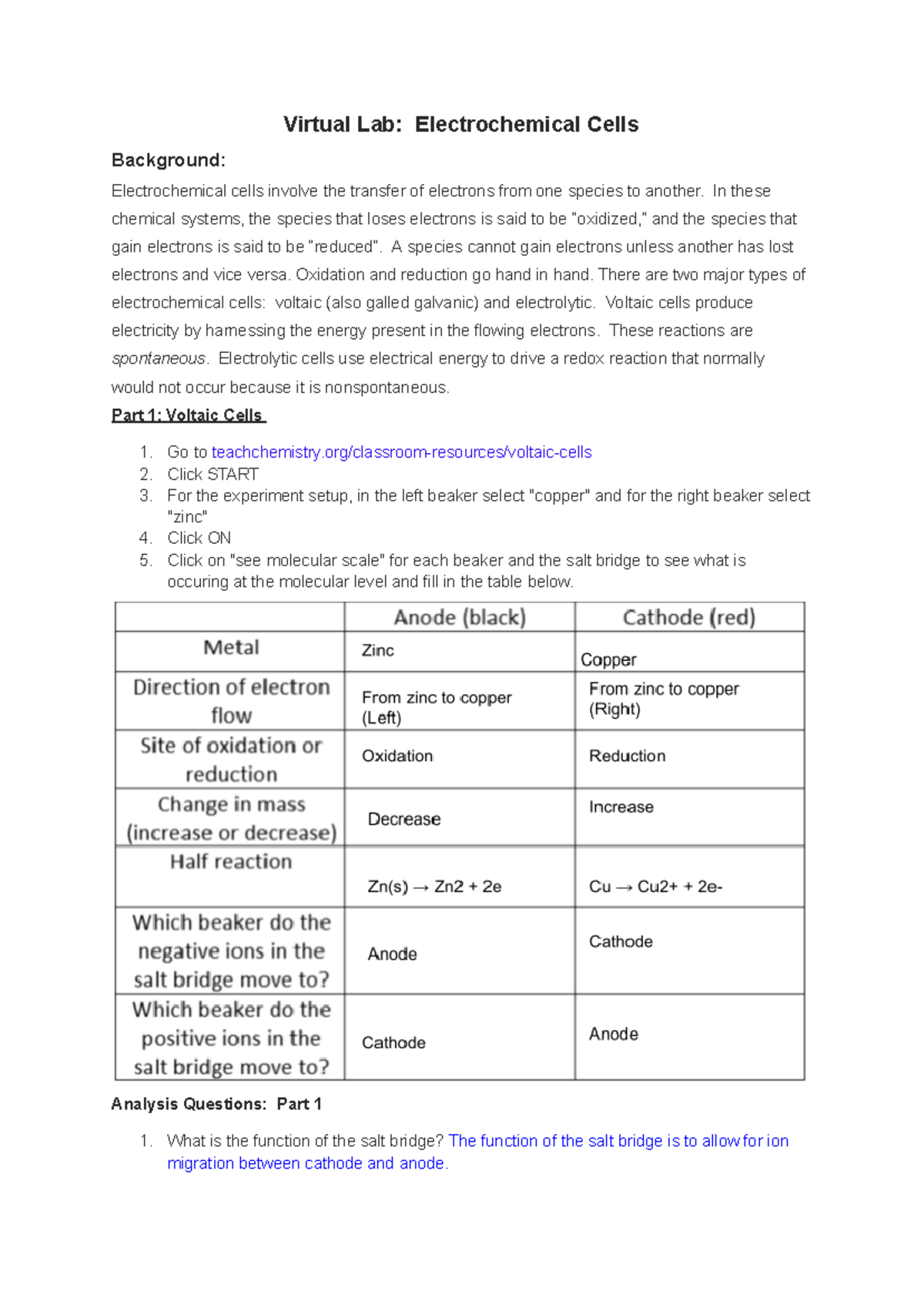 Virtual Lab: Electrochemical Cells Study Guide (CHEM 101) - Studocu