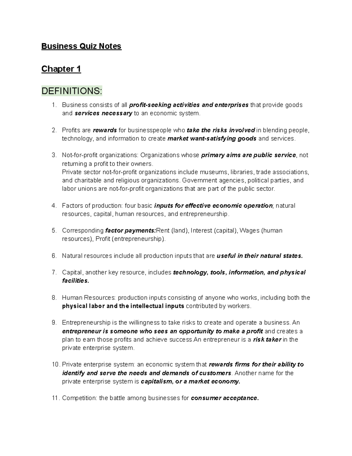 Business Quiz Notes - Key Concepts from Chapters 1 & 3 - Studocu