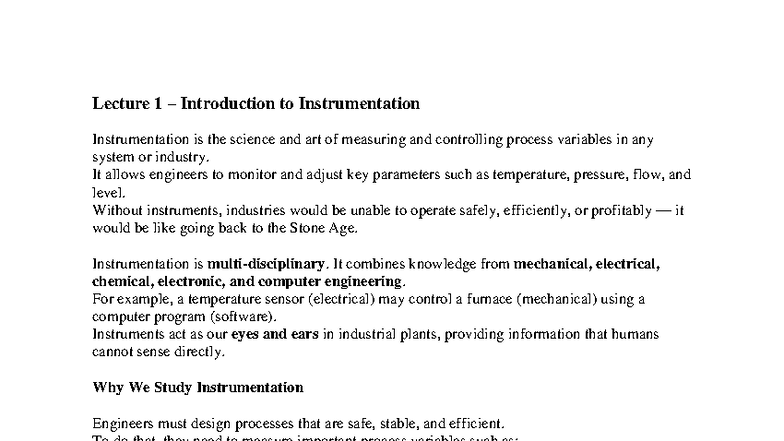 I&C L1 Lecture Notes: Introduction to Instrumentation - Studocu