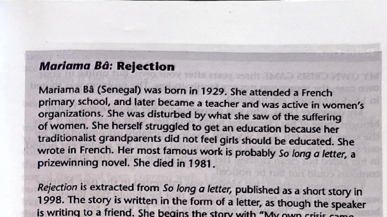 Rejection in Mariama Bâ's So Long a Letter - Analysis & Insights - Studocu