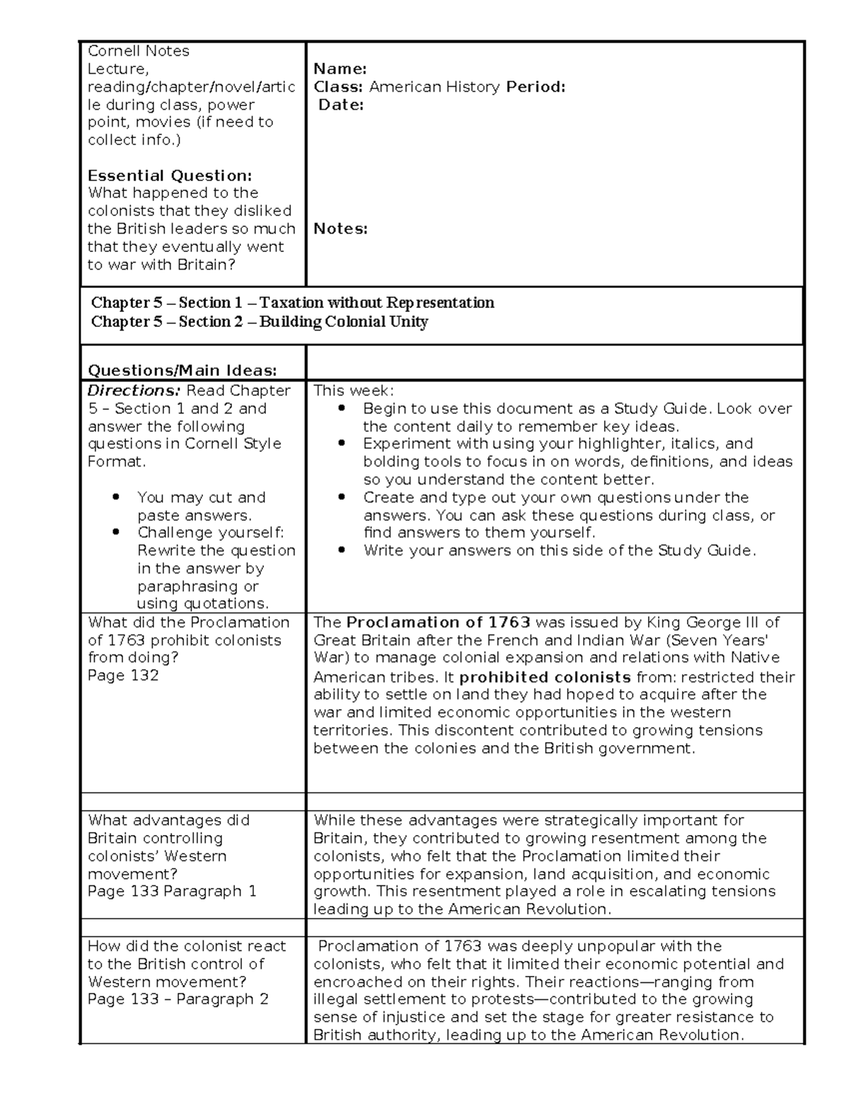 Assignment - Chapter 5 - Section 1 and 2 Cornell Notes and Vocabulary ...