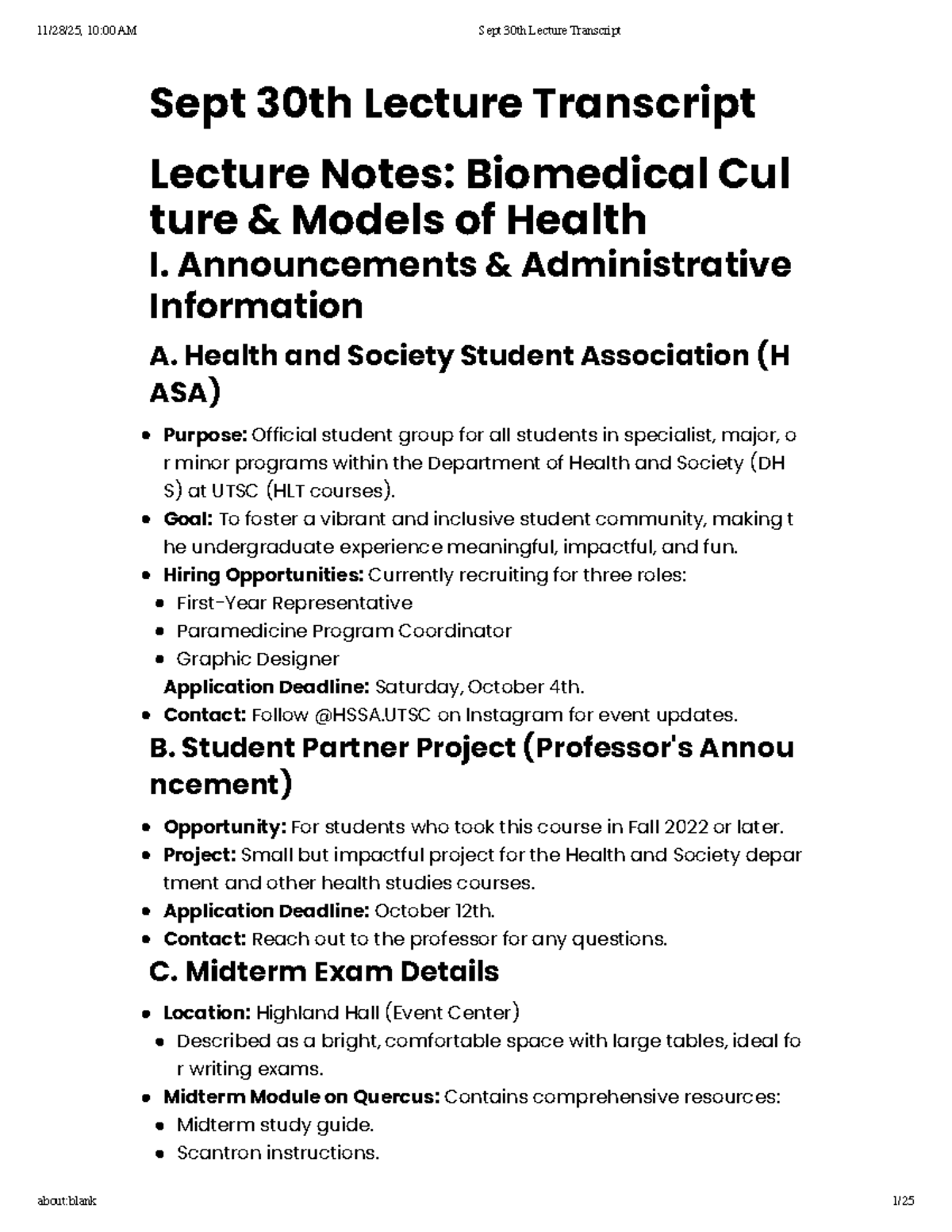 Sept 30th Lecture Notes: HLTA02 - Biomedical Culture & Health Models ...