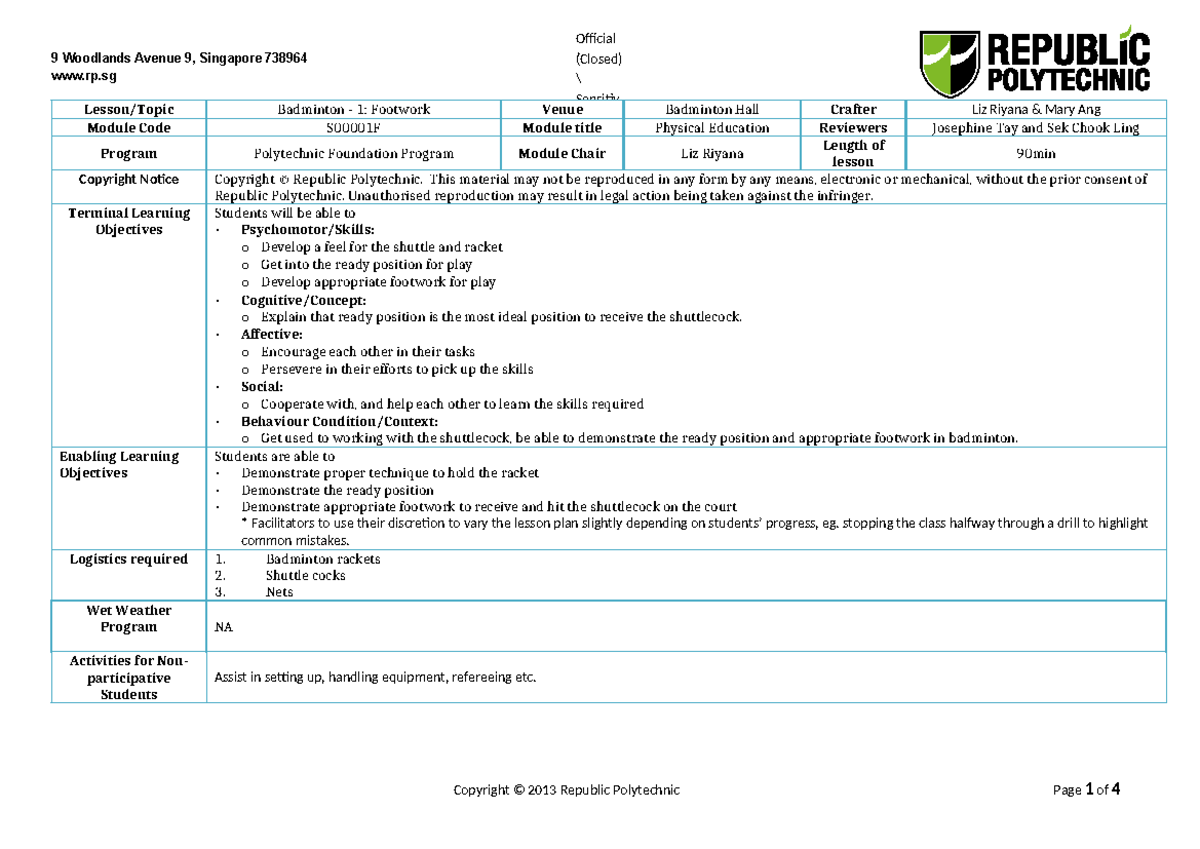 Physical Education Module S00001F: Badminton Footwork Lesson Plan - Studocu