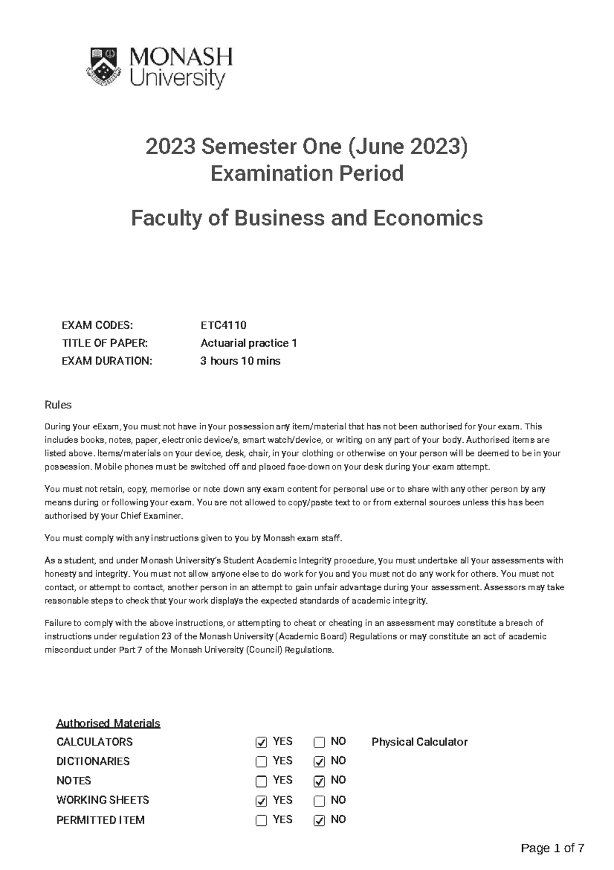 ETC4110 Actuarial Practice 1 - 2023 Sem 1 Past Exam Questions - Studocu