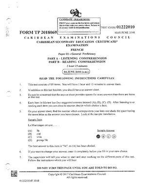 CSEC French June 2020 P1 Listening & Reading Comprehension Answers ...