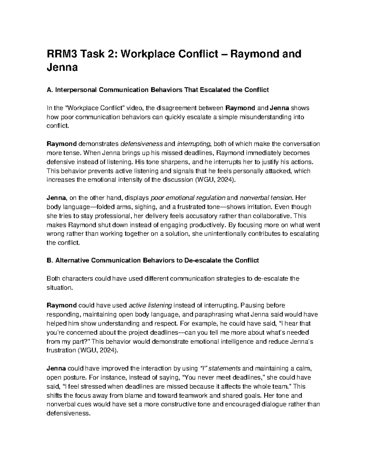 RRM3 Task 2: Analyzing Workplace Conflict Between Raymond and Jenna ...