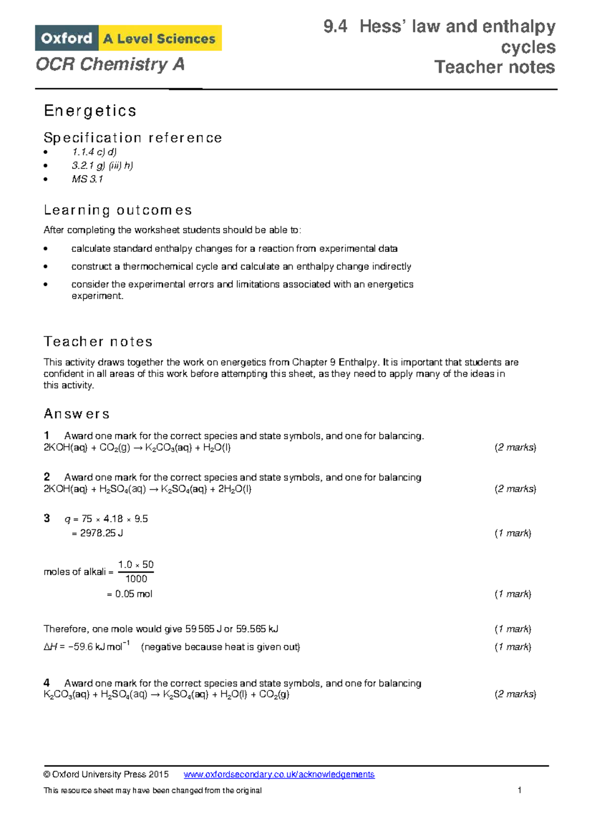 OCR Chemistry A 9.4 Energetics: Law & Enthalpy Cycles Teacher Notes ...
