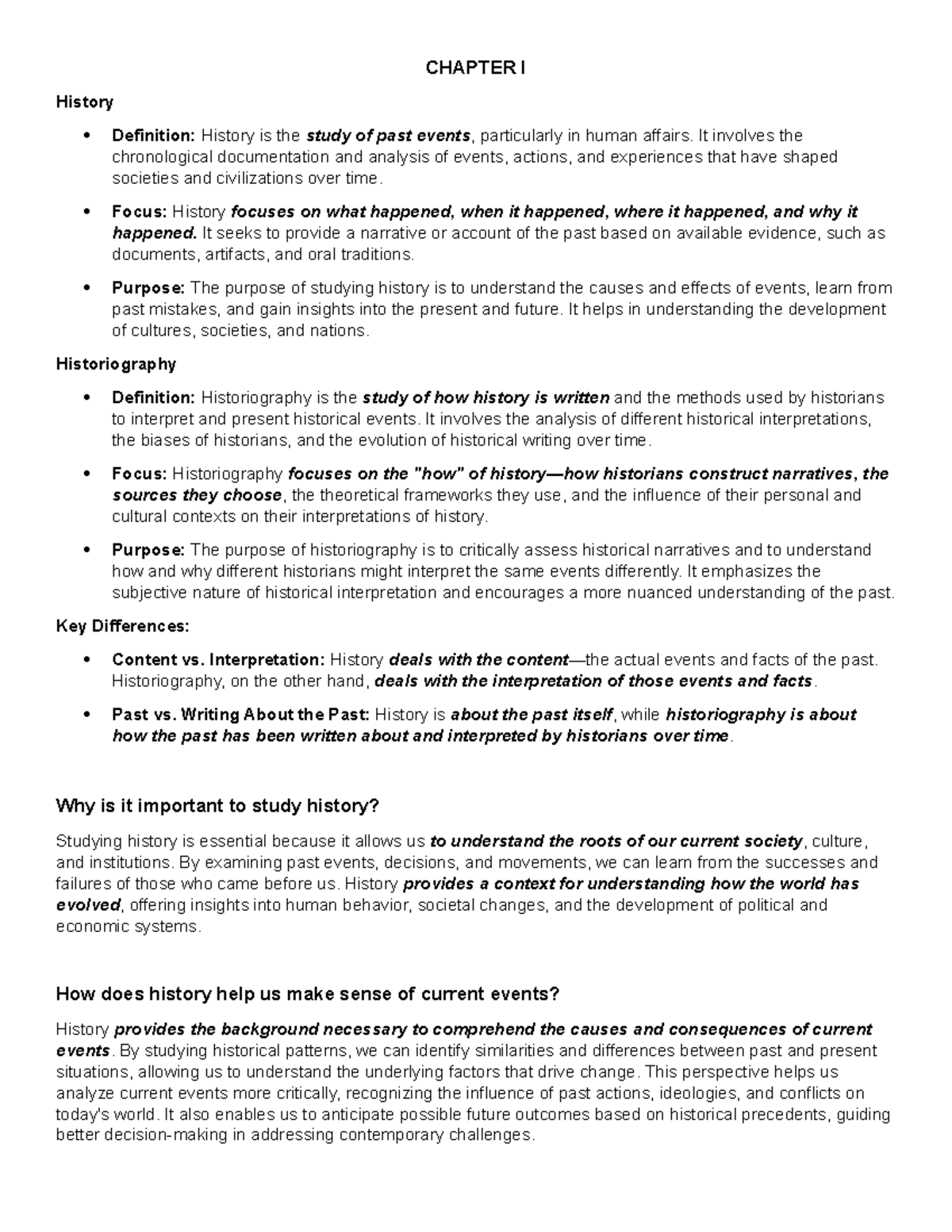 Module 1 - CHAPTER I History Definition: History is the study of past ...