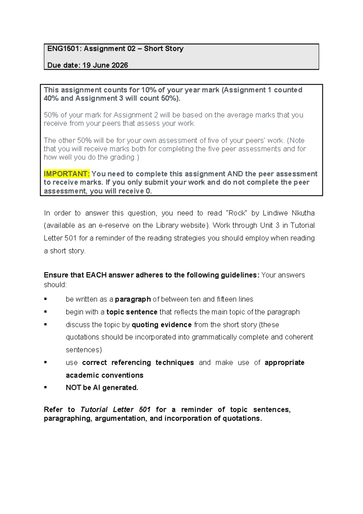 ENG1501: Assignment 02 Short Story Guidelines and Peer Assessment - Studocu