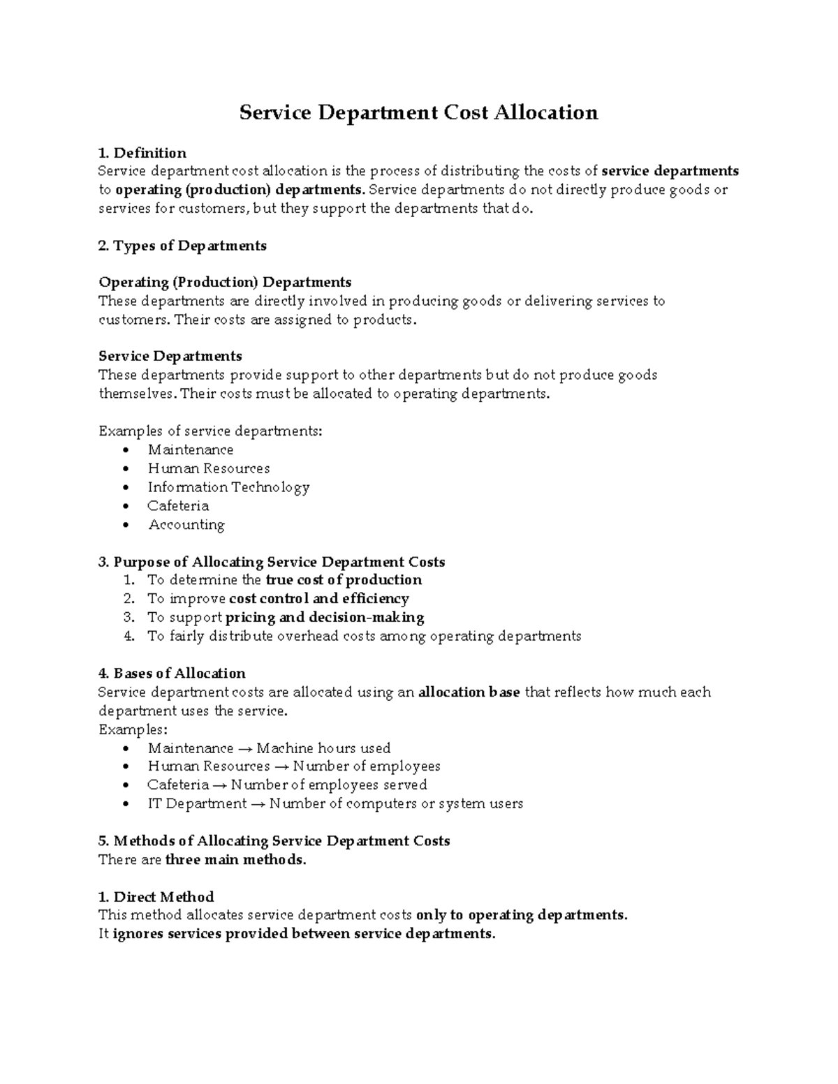 Service Department Cost Allocation: Methods & Purposes Explained - Studocu
