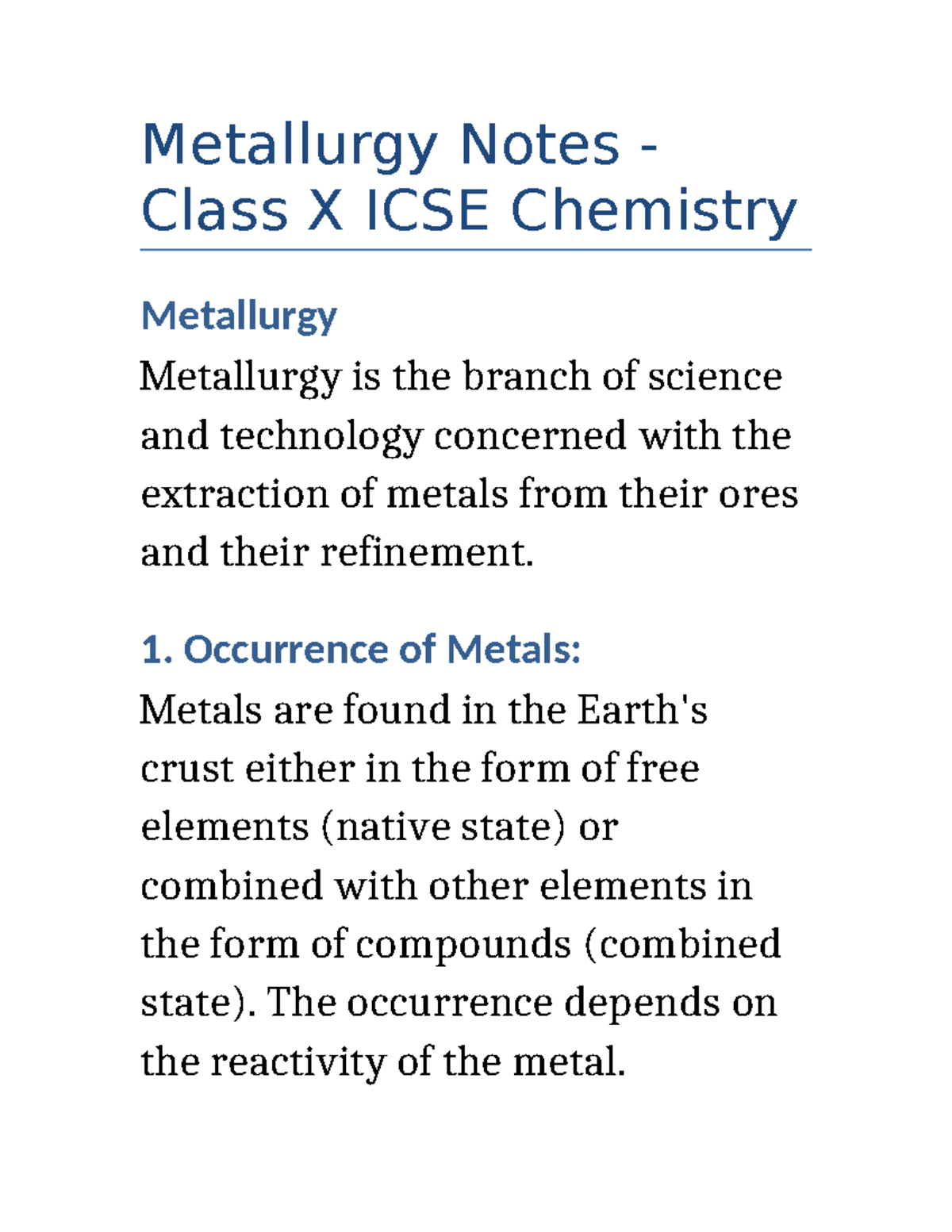 ICSE Chemistry Class 10 Metallurgy Study Notes - Studocu