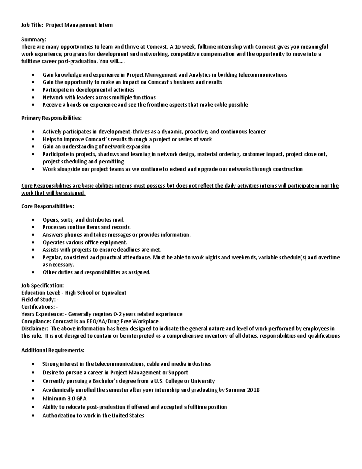 Intern Job Description Summer 2017 Project Management Intern postin ...