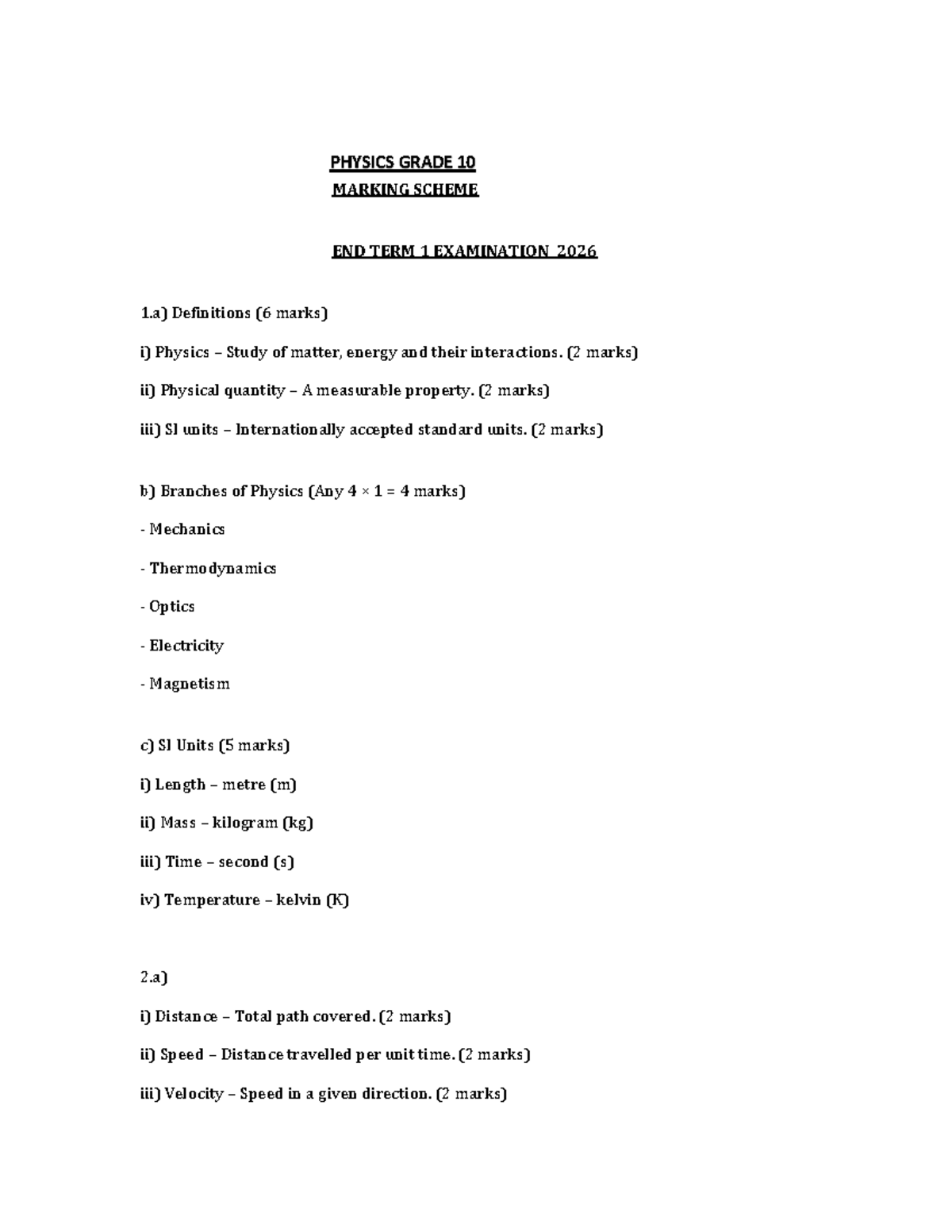 Physics Grade 10 End Term 1 Exam Marking Scheme 2026 - Studocu
