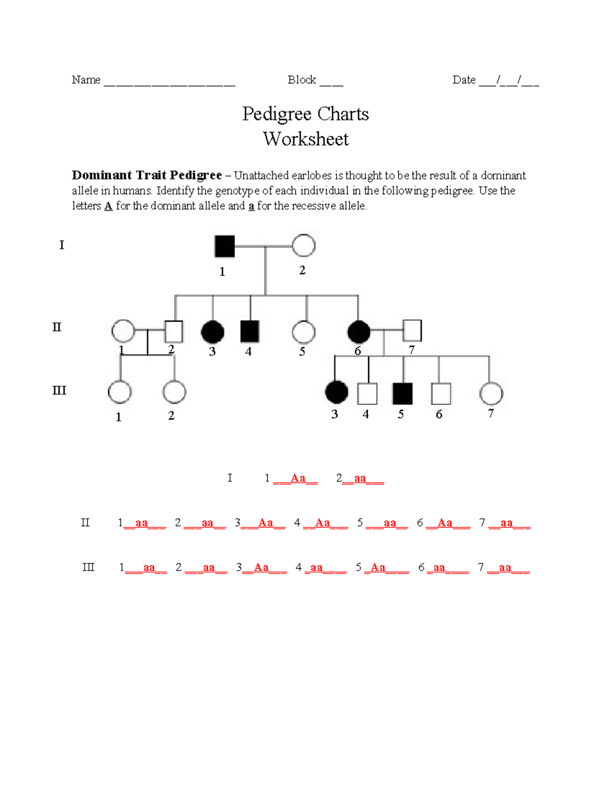 Pedigree Charts Worksheet: Dominant & Recessive Traits Analysis - Studocu