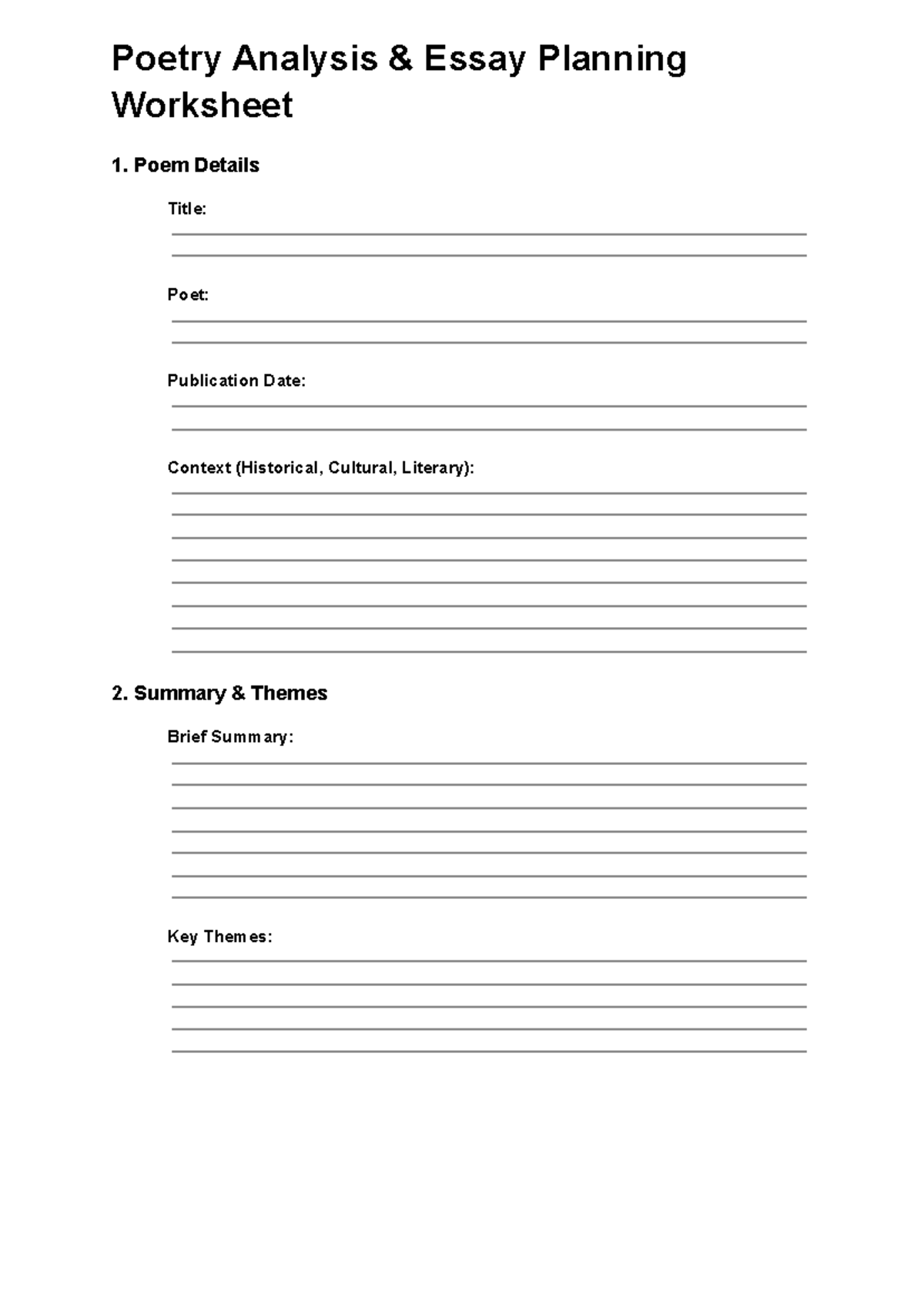 Poetry Analysis & Essay Planning Worksheet - Poem Details Title: Poet ...