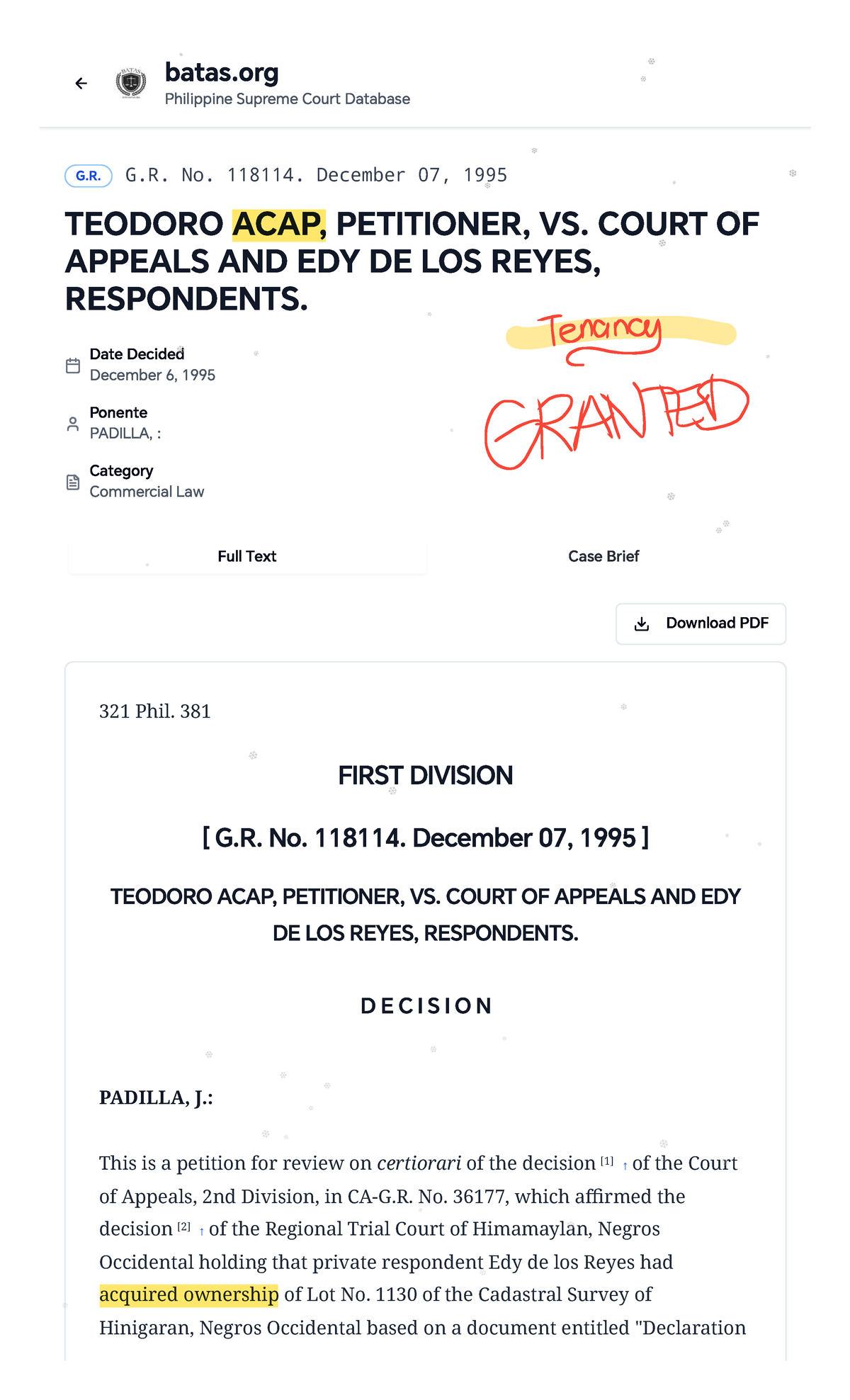 G.R. No. 118114 Case Brief: Acap vs. Court of Appeals (1995) - Studocu