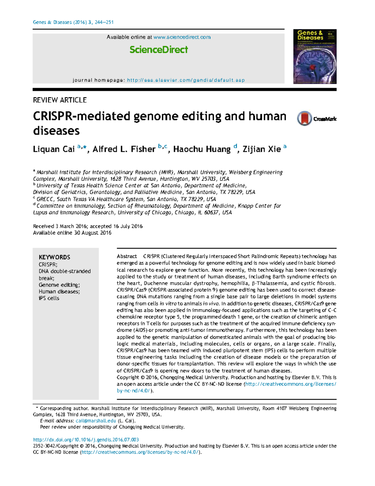 CRISPR Technology in Genome Editing and Human Diseases (GENE 2016 ...