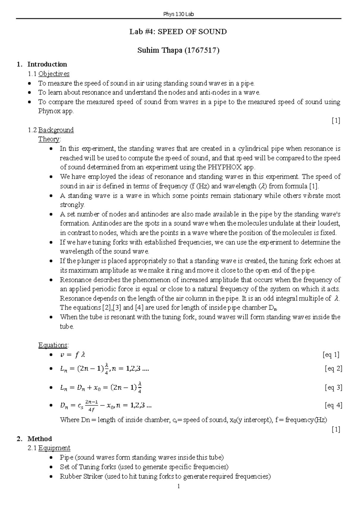 Lab 4 PHYS 130: Measuring the Speed of Sound Using Resonance - Studocu
