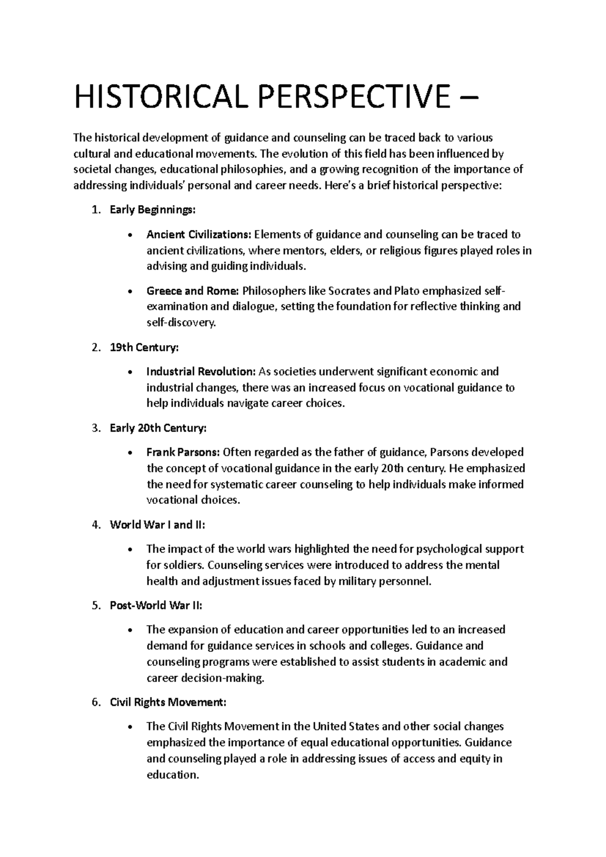 UNIT 1 G&C - Historical Development of Guidance and Counseling - Studocu
