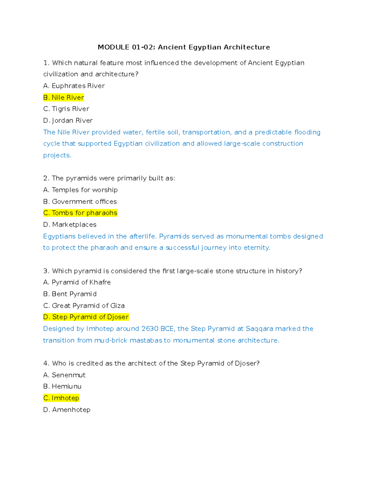 HOA QUIZ 1-2: Ancient Egyptian Architecture Overview - Studocu