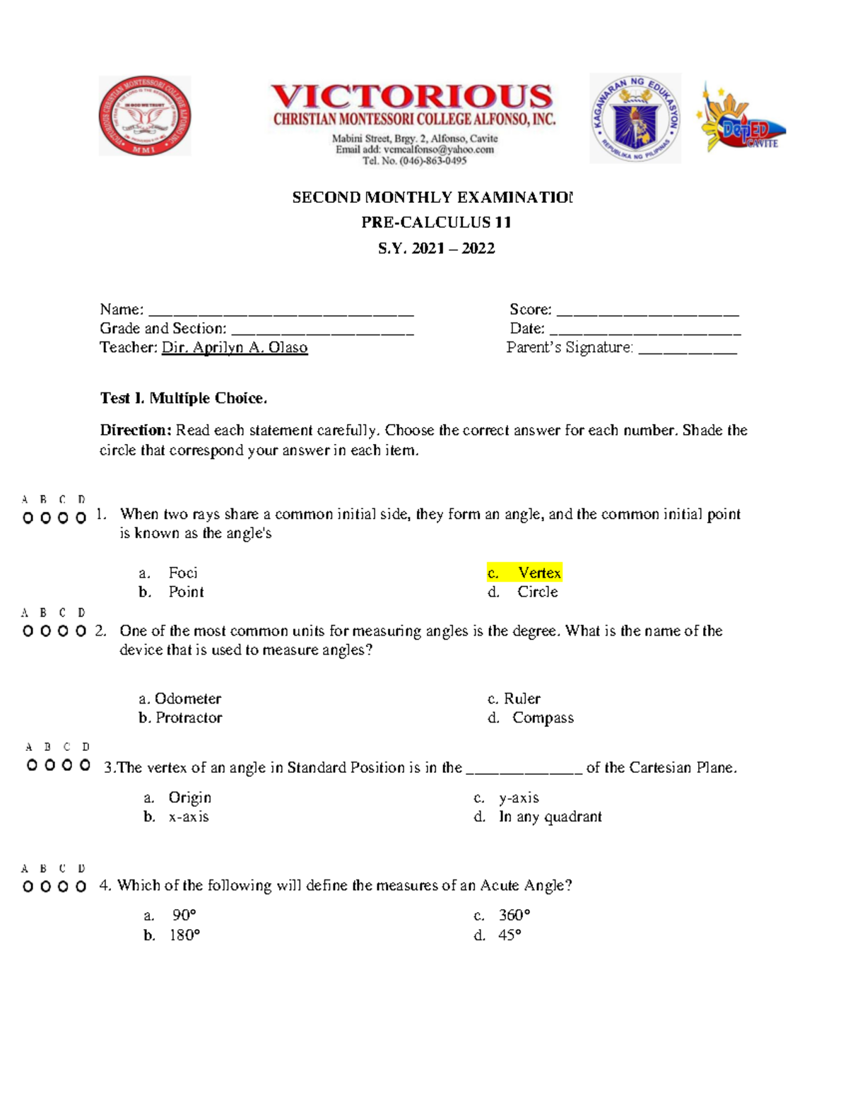 PRE CAL 1ST Monthly EXAM IN 2ND Quarter - SECOND MONTHLY EXAMINATION ...