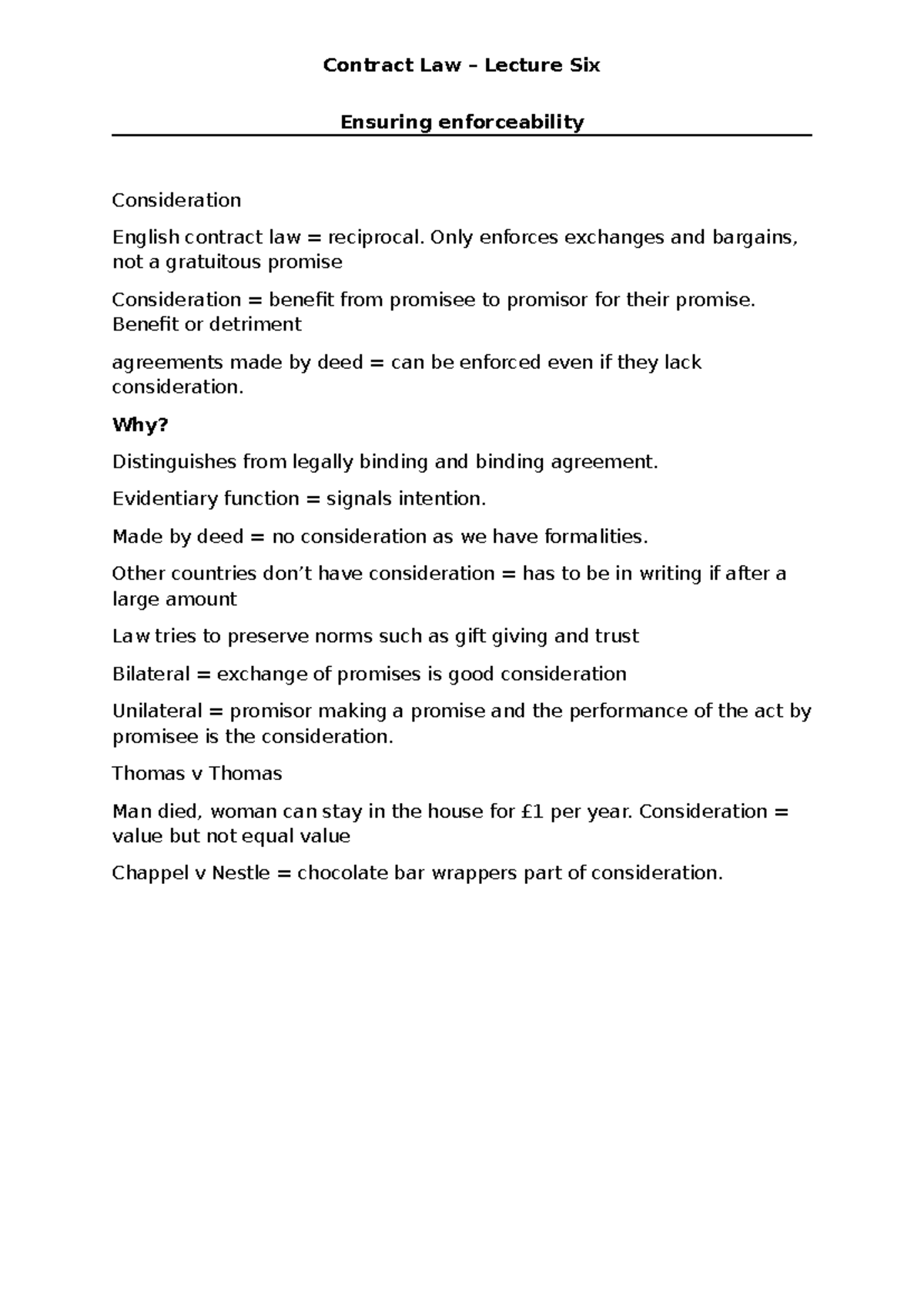 Contract Law Lecture 6: Ensuring Enforceability & Consideration - Studocu