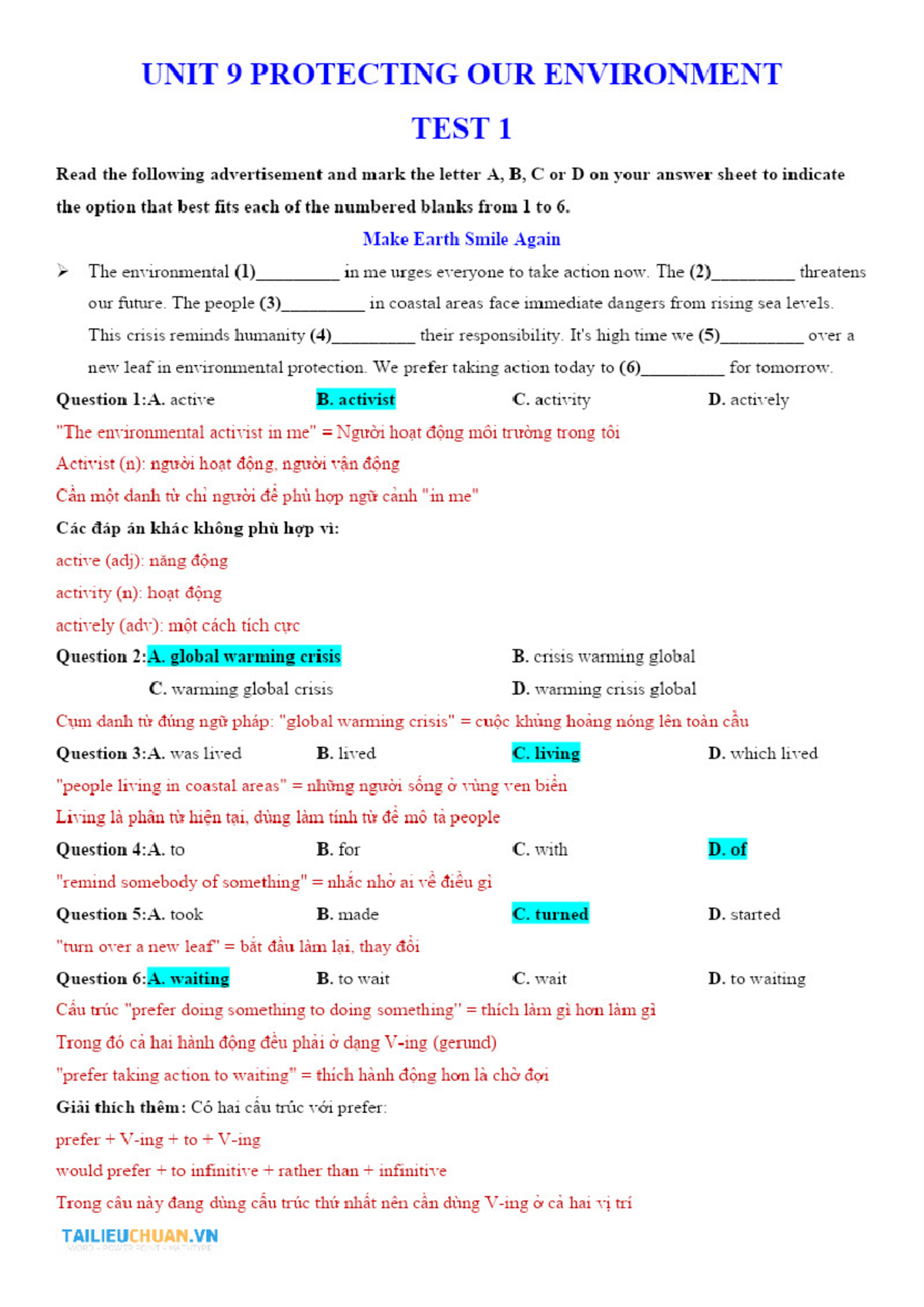 Unit 9: Grade 10 Environmental Protection Test 1 Key Guide - Studocu