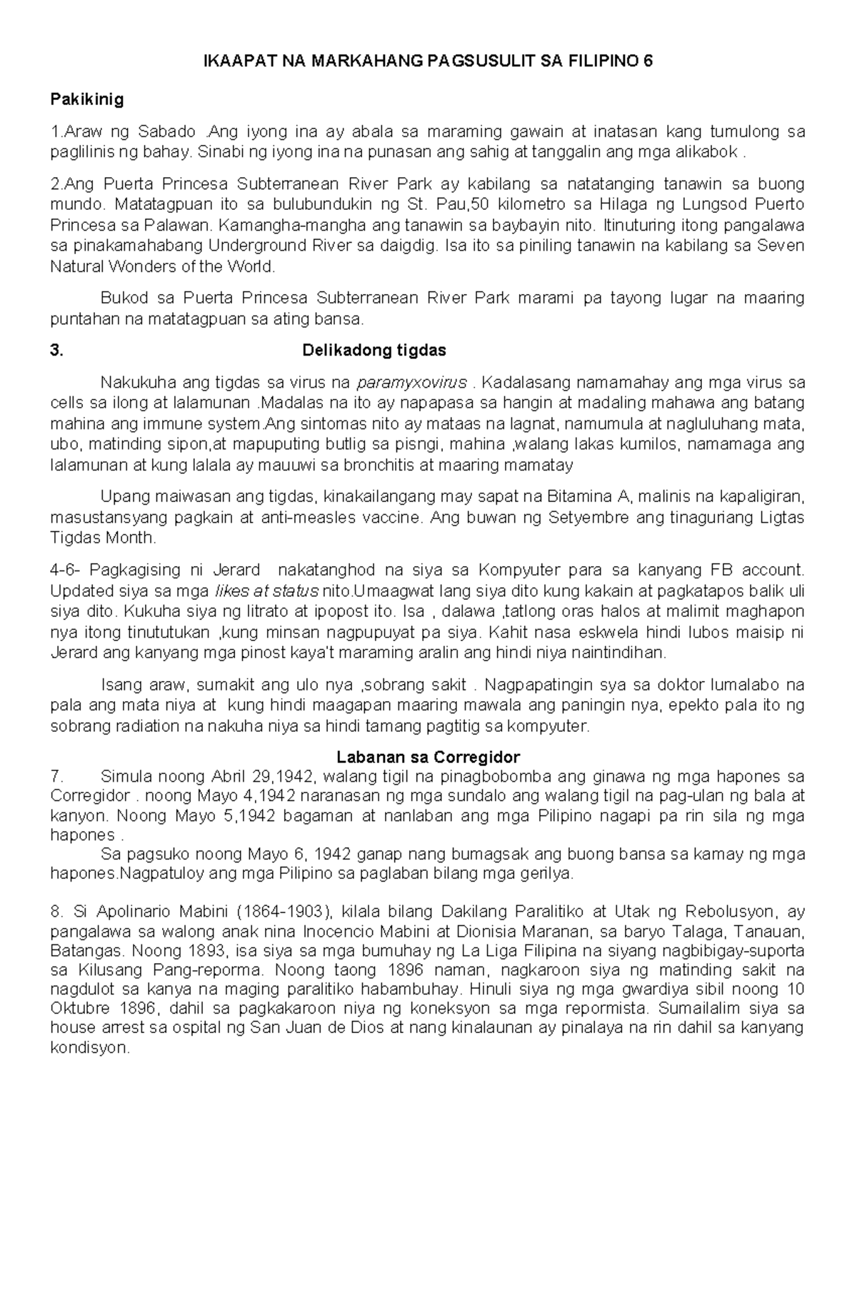 IKAAPAT NA PANAHUNANG PAGSUSULIT SA FILIPINO 6: Markahang Pagsusulit ...