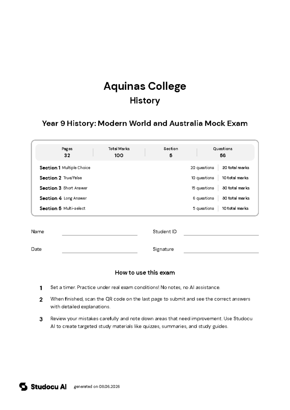 Year 9 History Mock Exam: Modern World and Australia - Studocu