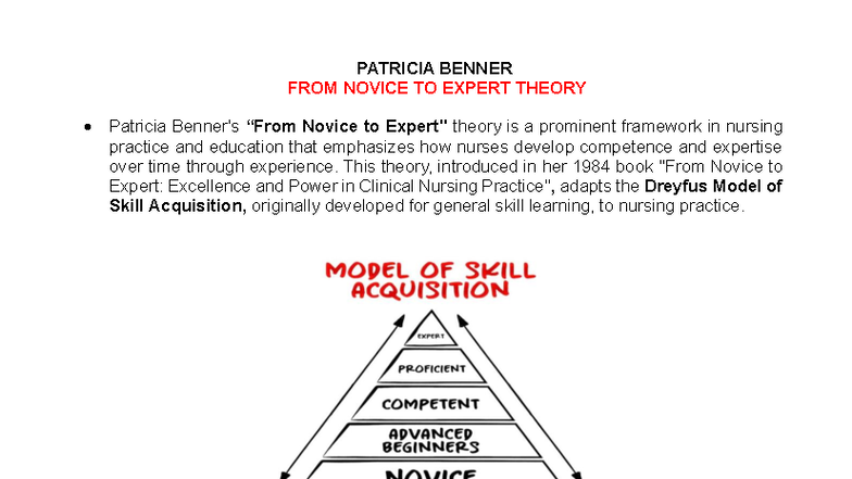 NURS 101: Patricia Benner's Novice to Expert Theory Overview - Studocu