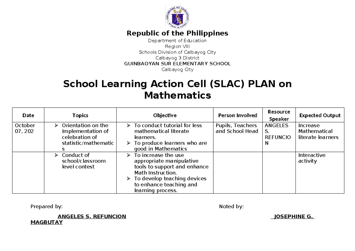 Action plan MATH - Republic of the Philippines Department of Education ...