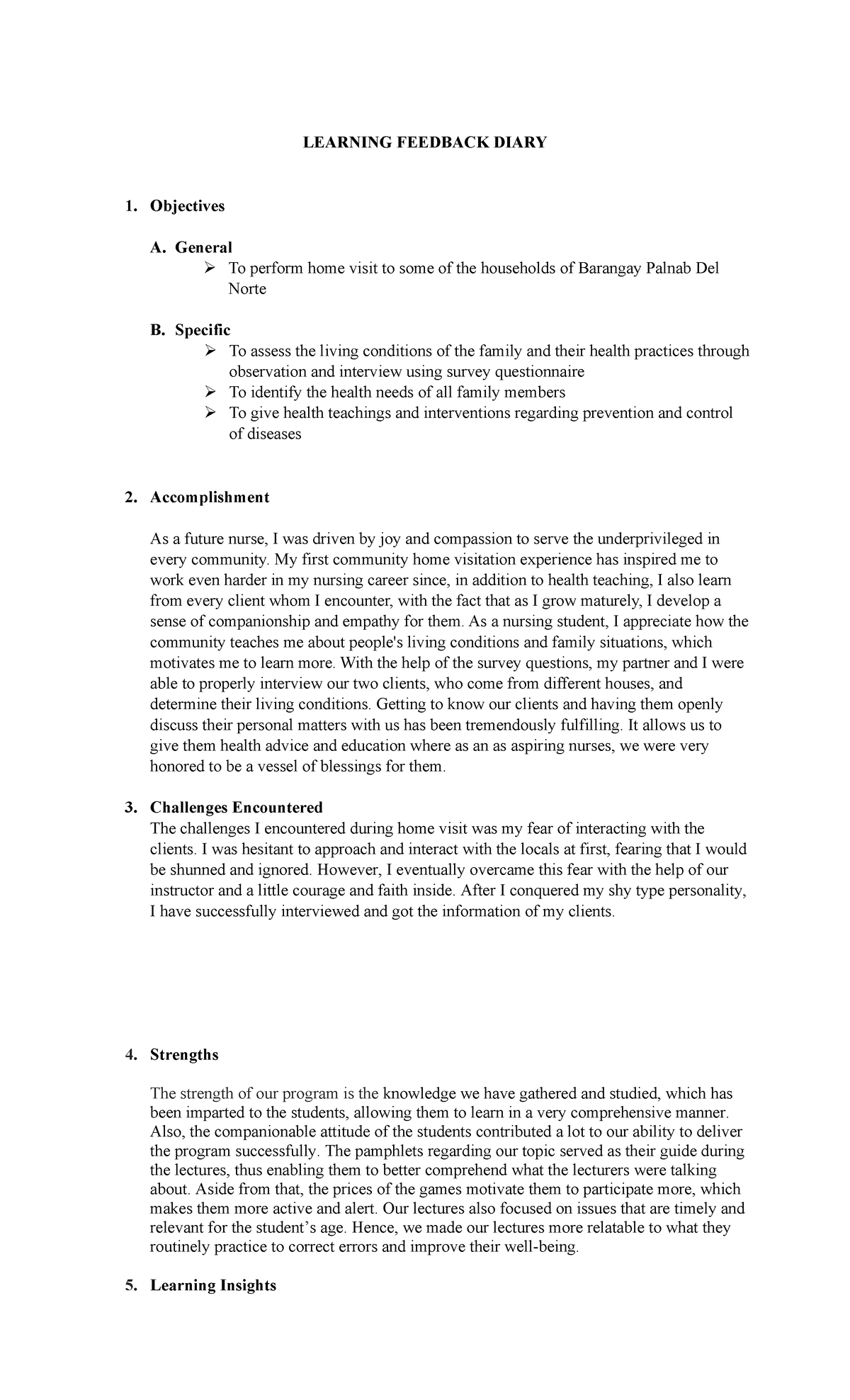 CHN Learning Feedback Diary IN Palnab DEL Norte - LEARNING FEEDBACK DIARY Objectives A. General ...
